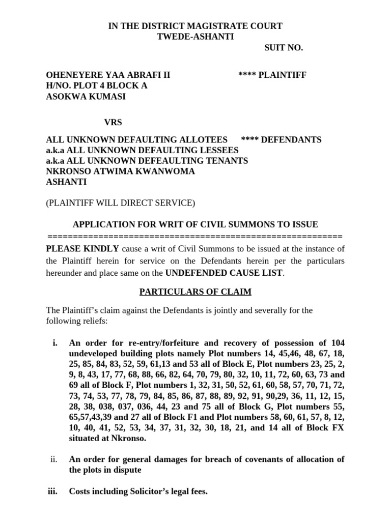 Application For Writ of Summons | PDF | Affidavit | Summons