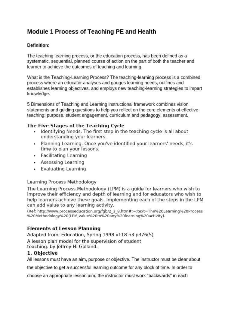 Module 1 Process of Teaching PE and Health Education | PDF | Learning | Motivational