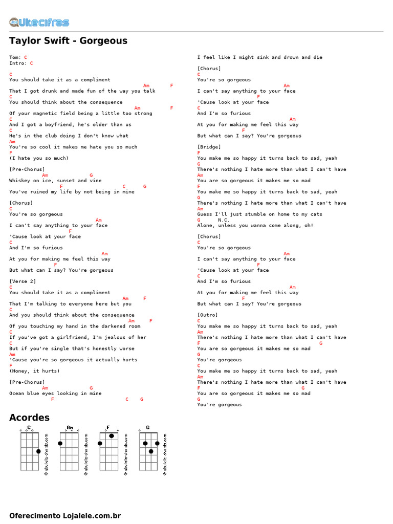 Taylor Swift - Gorgeous Chords & Lyrics | PDF | Song Structure | Song Forms