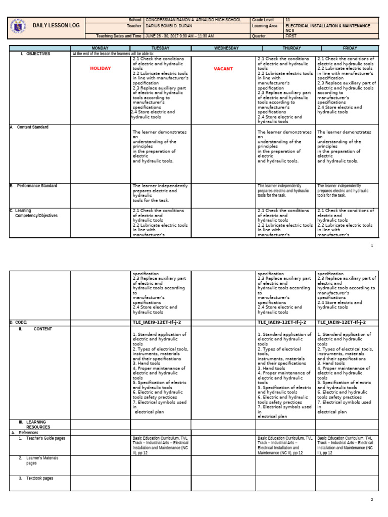 04 DLL TVL JUNE 26-30, 2017 (Maintain Electric and Hydraulic Toos) | PDF | Learning | Curriculum