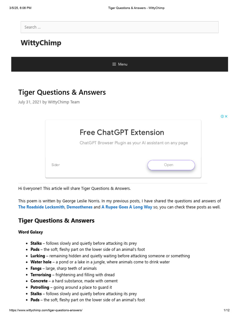 Tiger Questions & Answers for Class 8 | PDF | Tiger