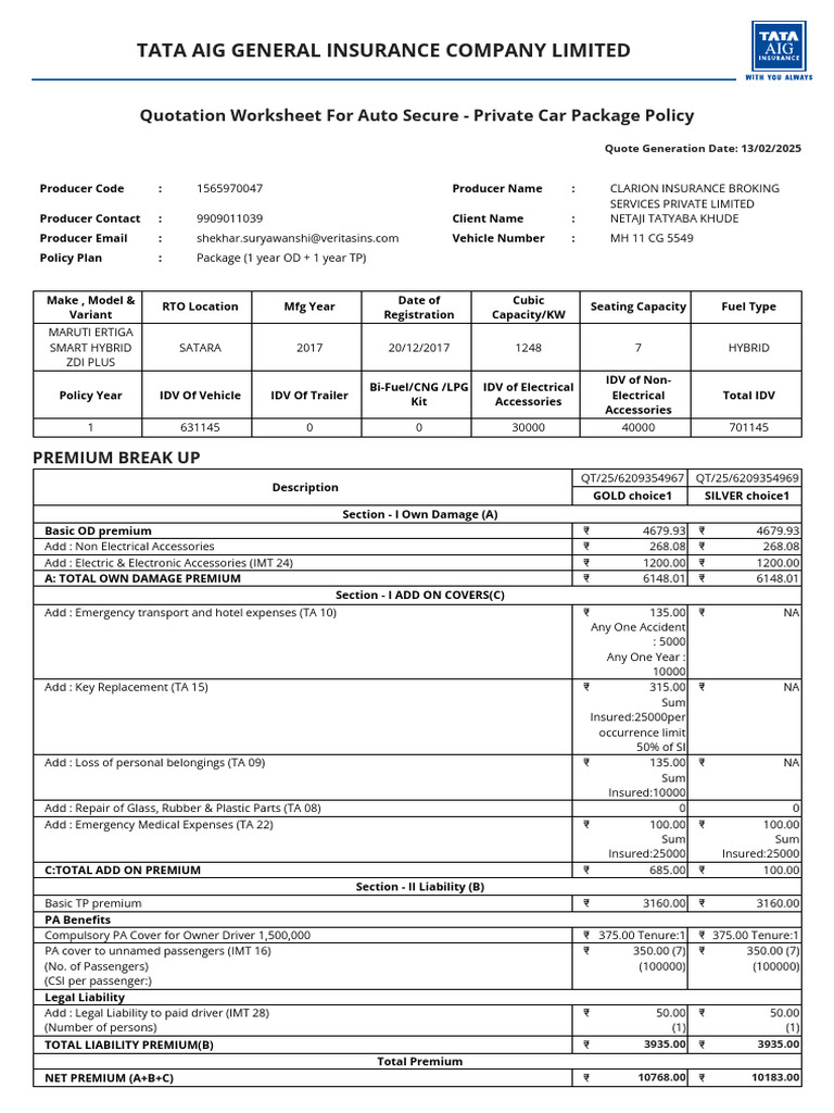 Tata AIG Motor Premium Quote - 3184 - QT - 25 - 6209354967 | PDF ...