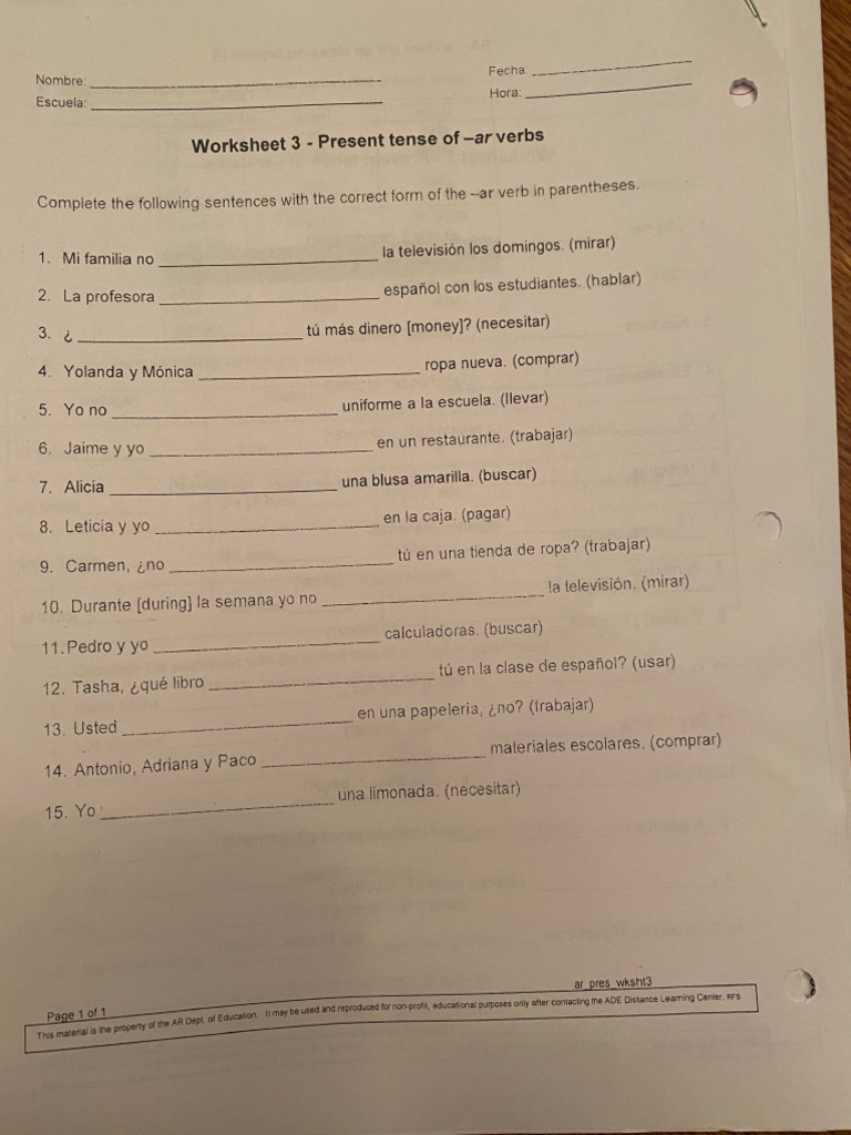 AR Verbs Practice Worksheet 1 | PDF