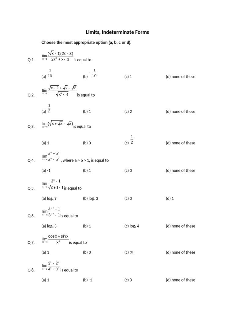 Limits and Indeterminate Forms Quiz | PDF