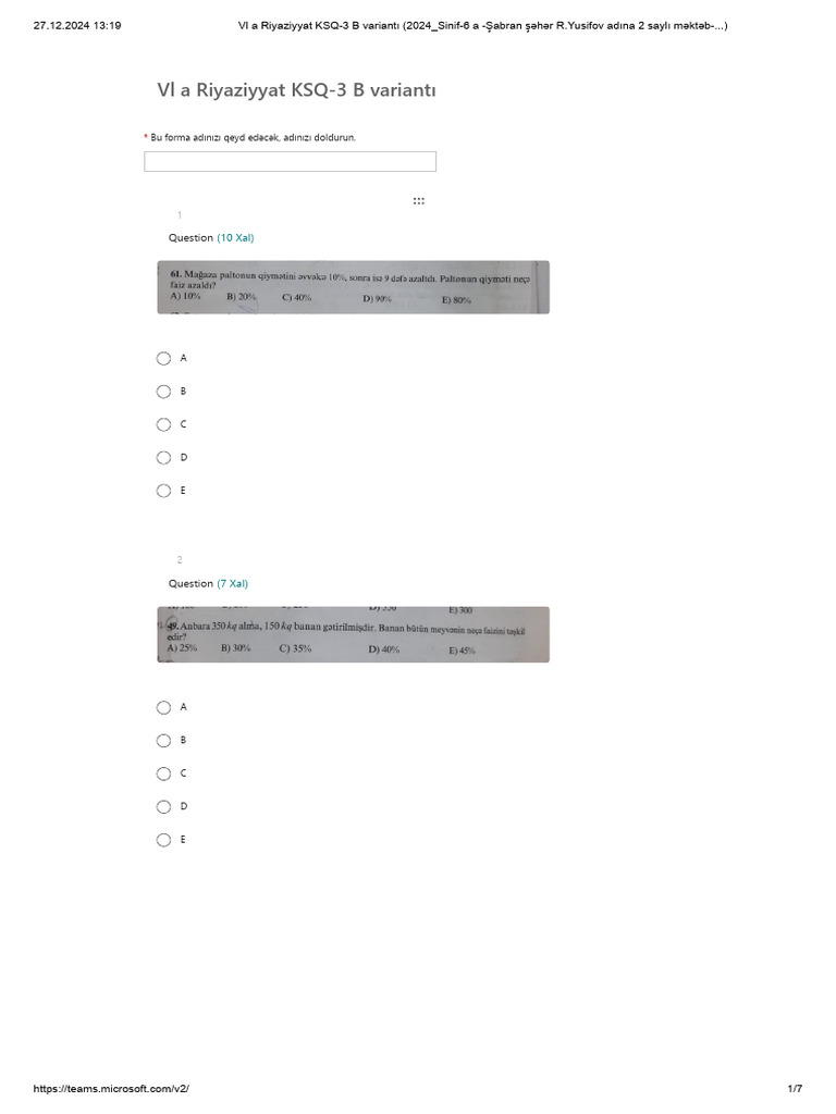 VL A Riyaziyyat KSQ-3 B Variantı | PDF