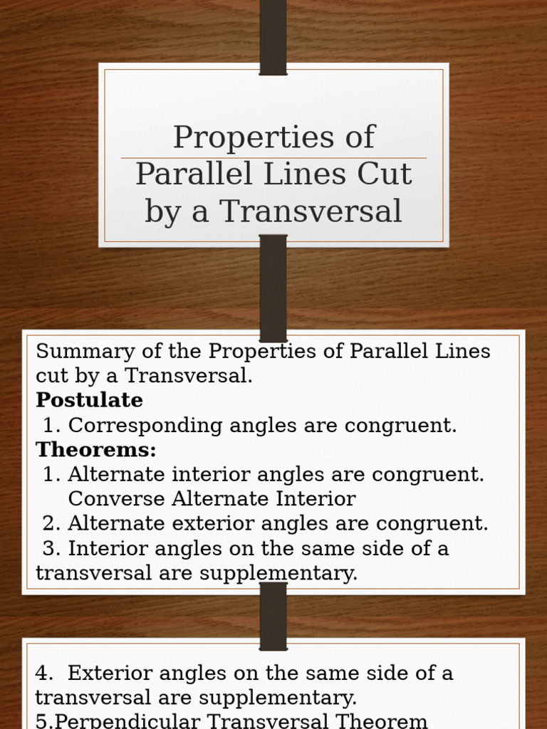 Properties of Parallel Lines Cut by A Transversal 2 | PDF | Mathematics | Euclid