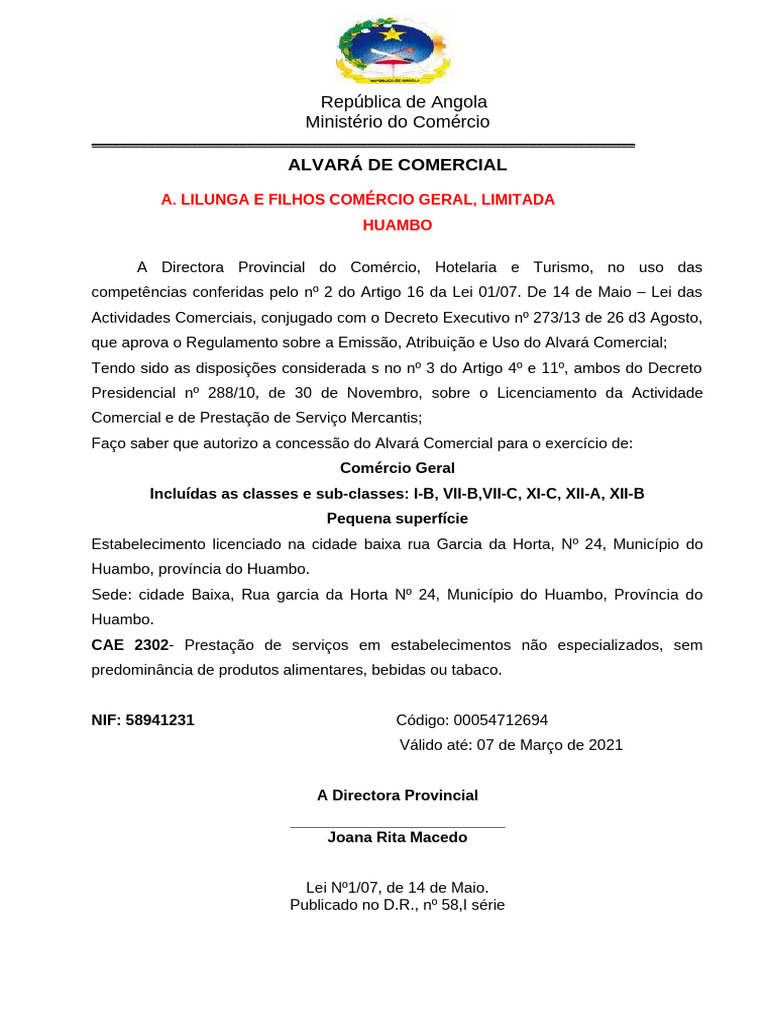 Modelo de Alvará Comercial | PDF