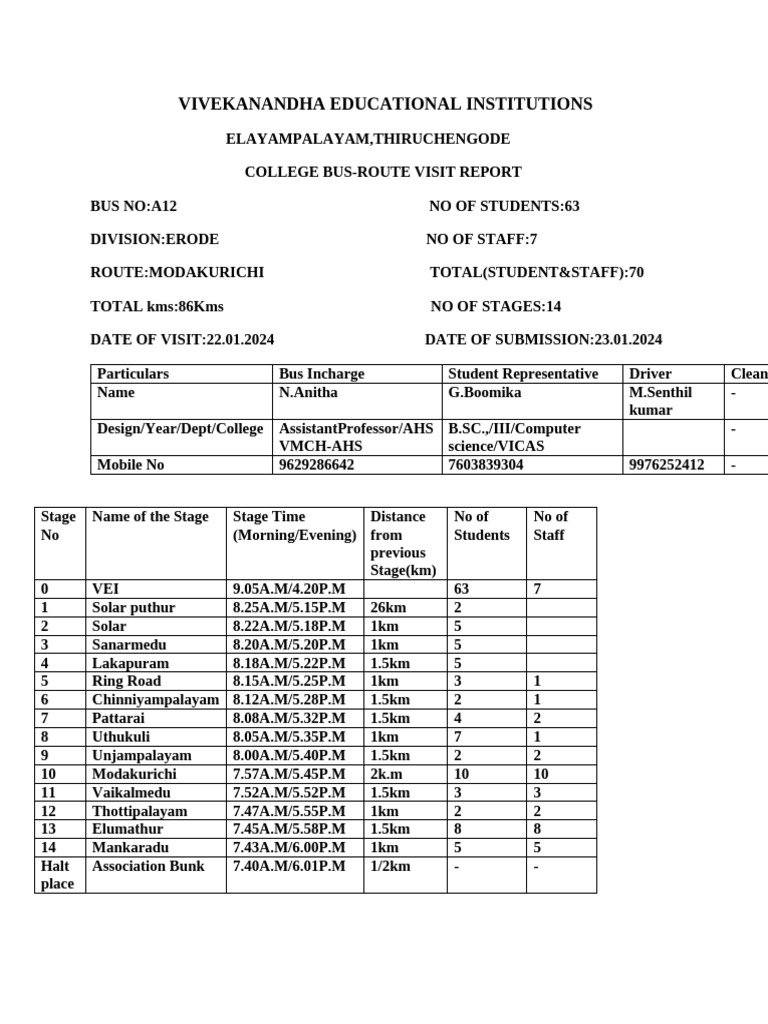 A12 Route Visit Bus Report | PDF