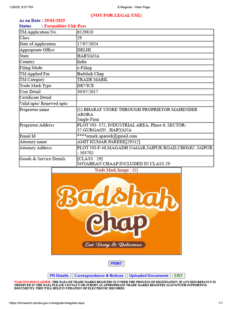Badshah Chap Trademark Application Details | PDF