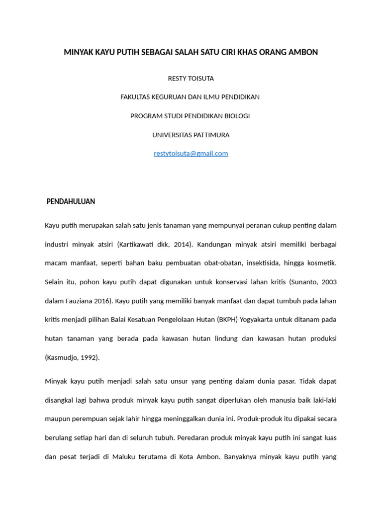 Minyak Kayu Putih Sebagai Salah Satu Ciri Khas Orang Ambon | PDF