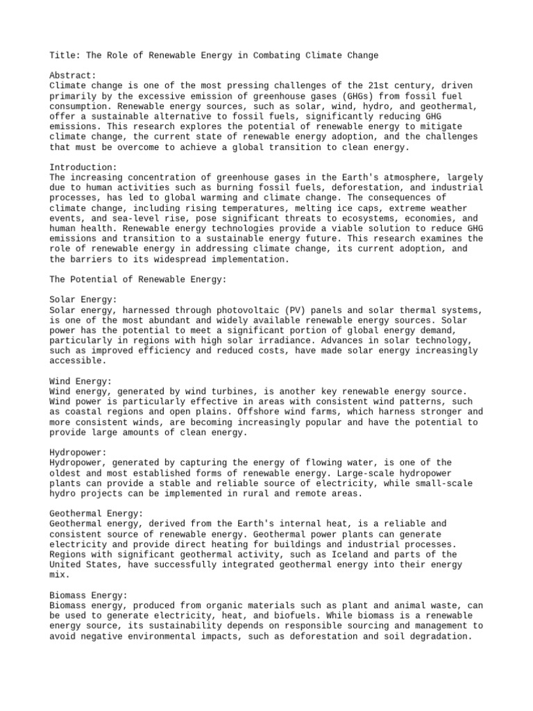 The Role of Renewable Energy in Combating Climate Change | PDF ...