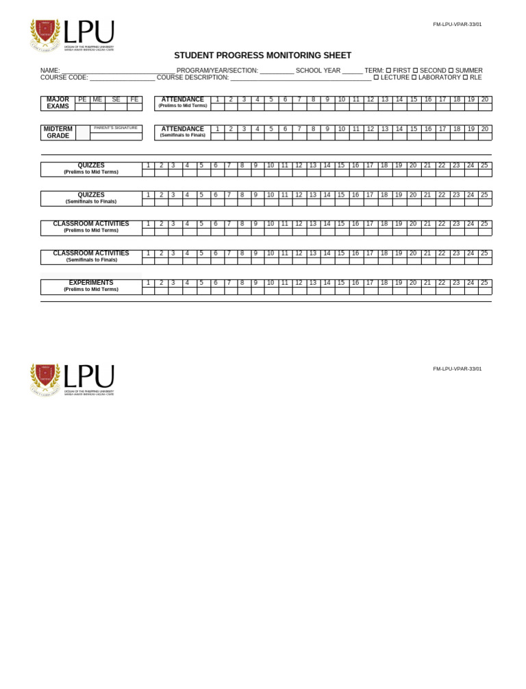 Student Progress Monitoring Sheet | PDF
