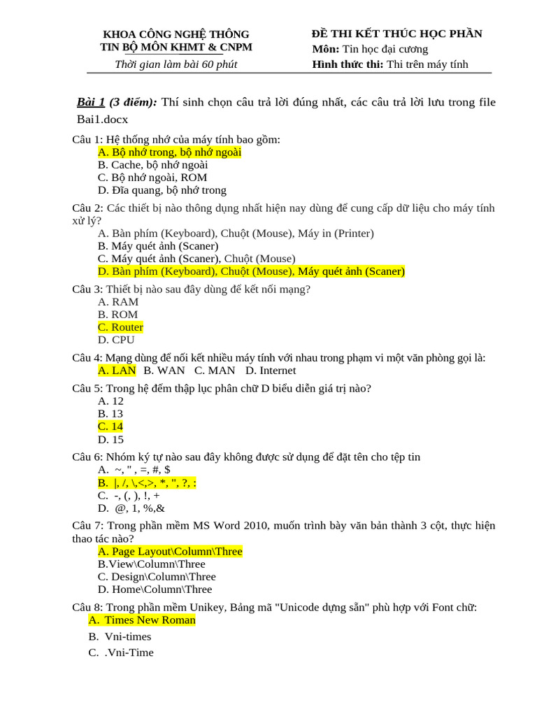 Bài 1 (3 điểm) :: Thí sinh chọn câu trả lời đúng nhất, các câu trả lời lưu trong file Bai1 | PDF