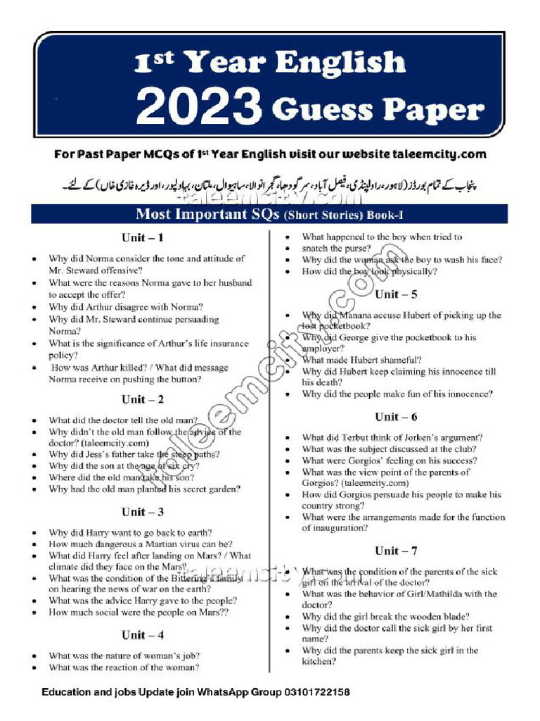 1st Year English Guess Paper 2023 | PDF