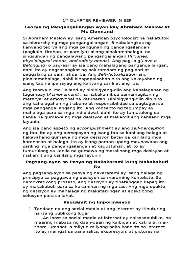 1ST Quarter Reviewer in Esp | PDF