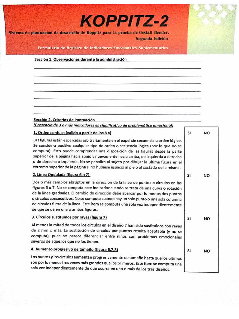 Bender Koppitz Formulario Indicadores Emocionales | PDF