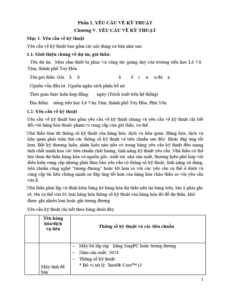 Chương V Yêu cầu kỹ thuật TB LVT | PDF