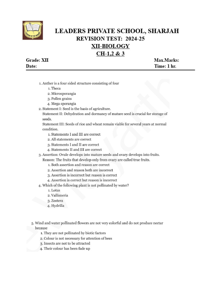 Biology Revision Test: Chapters 1-3 | PDF | Ploidy | Meiosis