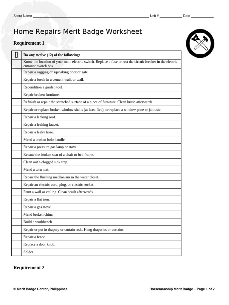 Home Repairs Merit Badge Worksheet | PDF