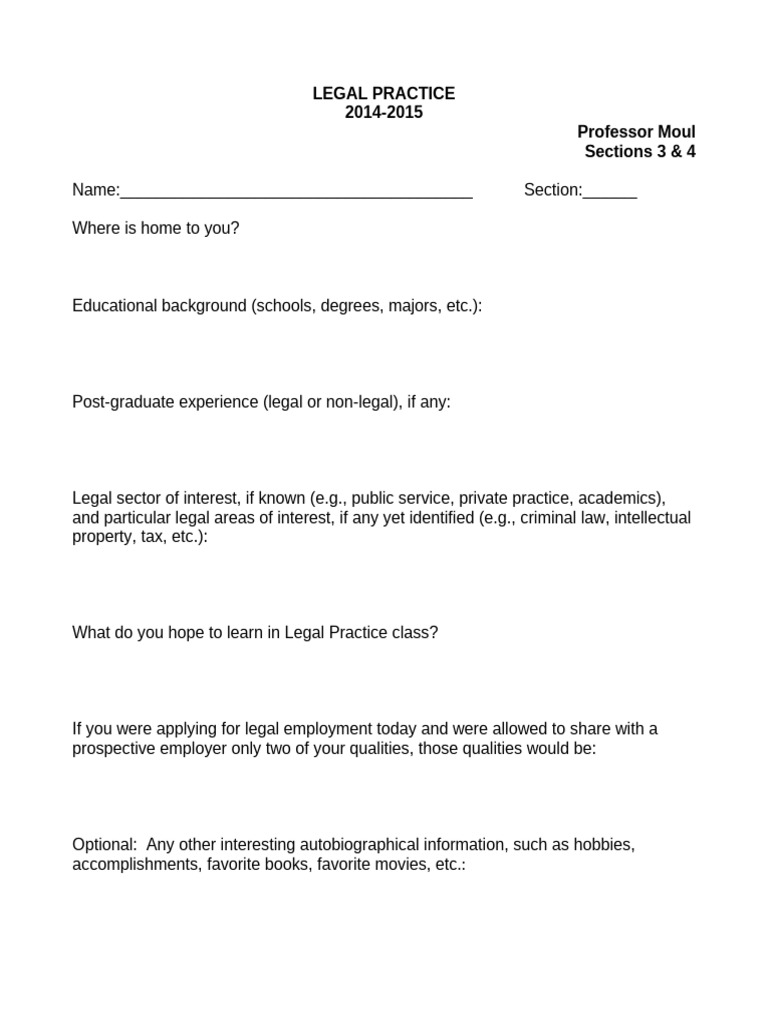 Legal Practice Class Survey Form | PDF
