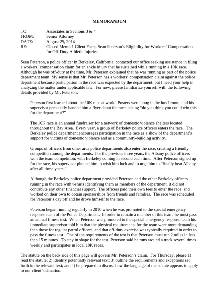 Fall 2014 - Closed Memo 1 Facts and Statute-2 | PDF | Employment ...