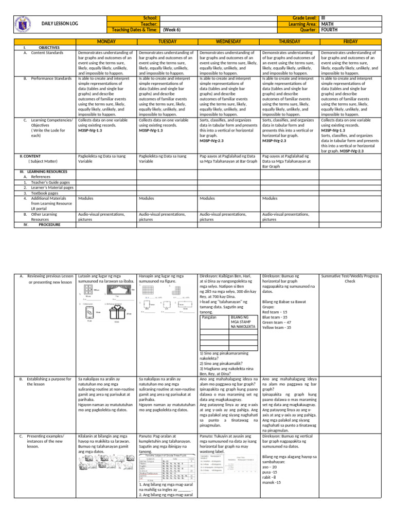 Q4 - Math - DLL - Week 6 | PDF