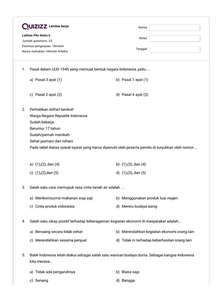 Latihan PKn Kelas 6 _ Quizizz | PDF