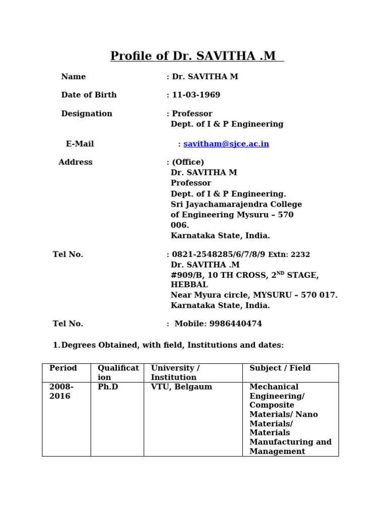 SAVITHA-Profile-2021 | PDF | Higher Education | Engineering