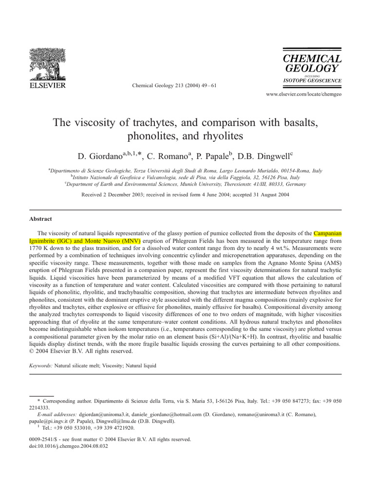 Trachyte Viscosity Compared to Other Magmas | PDF | Magma | Viscosity