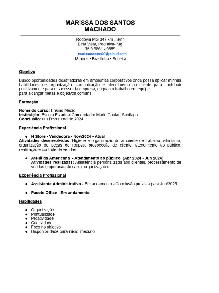 Marissa Santos Machado - Curriculo | PDF