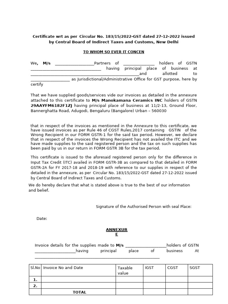 Vendor Certificate For ITC - v2 | PDF | Governance | Trade