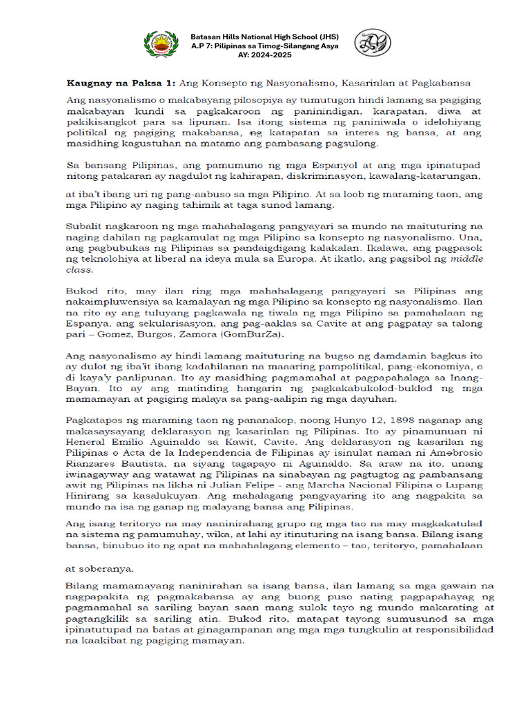 3Q WS1 Nasyonalismo Kasarinlan Pagkabansa 1 - 2425 | PDF