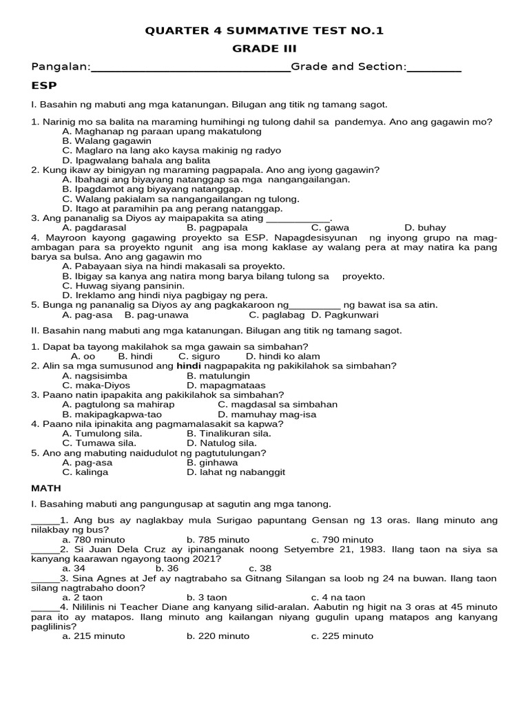 Quarter 4 Summative Test No 1 | PDF