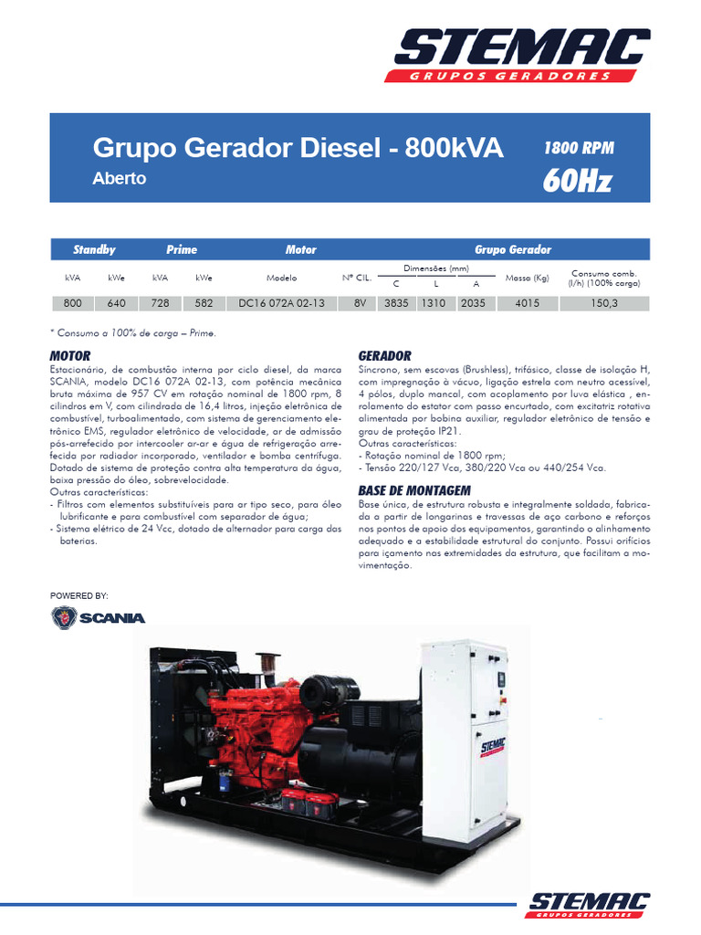 Grupo Gerador Diesel 800kVA SCANIA | PDF | Motores | Potência (Física)
