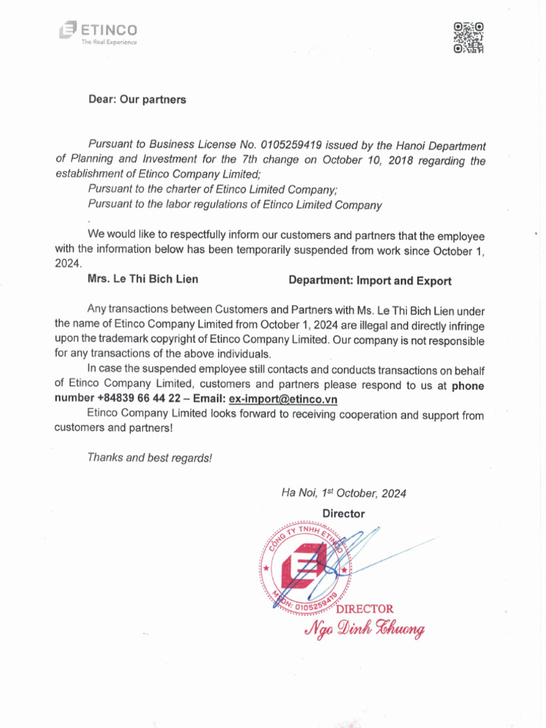 Notification Le Thi Bich Lien | PDF