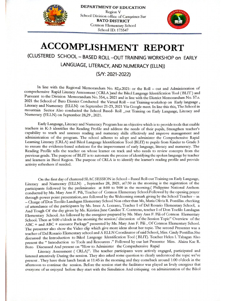Accomplishment Report (Ellnp) Roll - Out Training | PDF