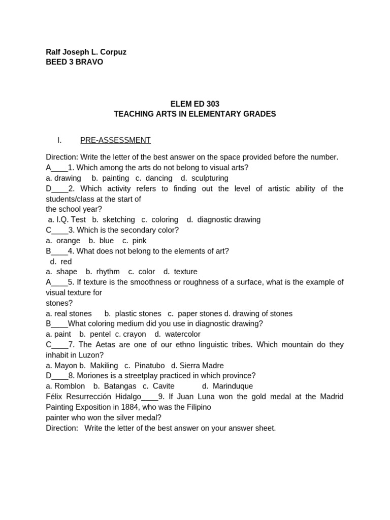 Elem Ed 303 (Activity) - 2055802598 | PDF | Fine Art | Creativity