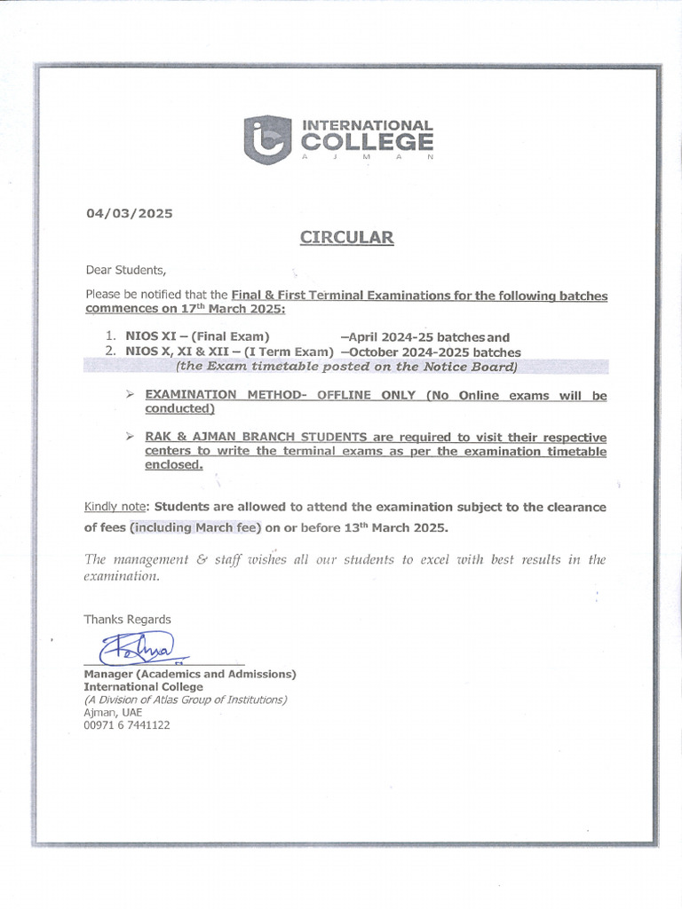 Internal Exam Circular-March 2025 | PDF