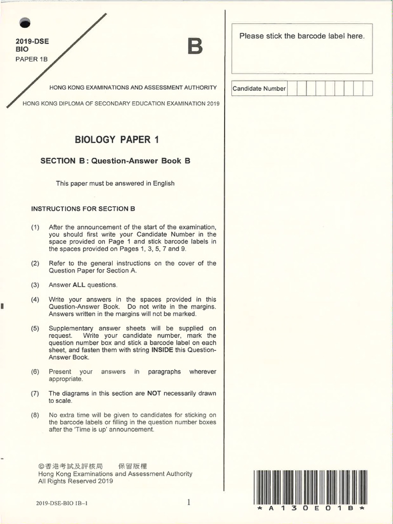 Biology Past Paper2019 P1B | PDF