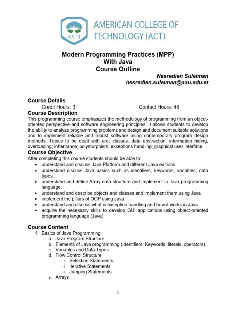 Course Outline-Edited - 2024 | PDF | Object Oriented Programming ...