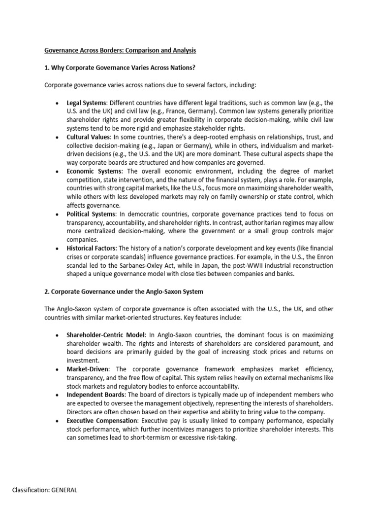 Global Corporate Governance Comparison | PDF | Corporate Governance ...