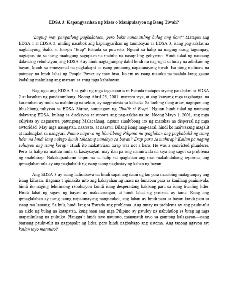 EDSA Revolution Reaction Paper 3 | PDF