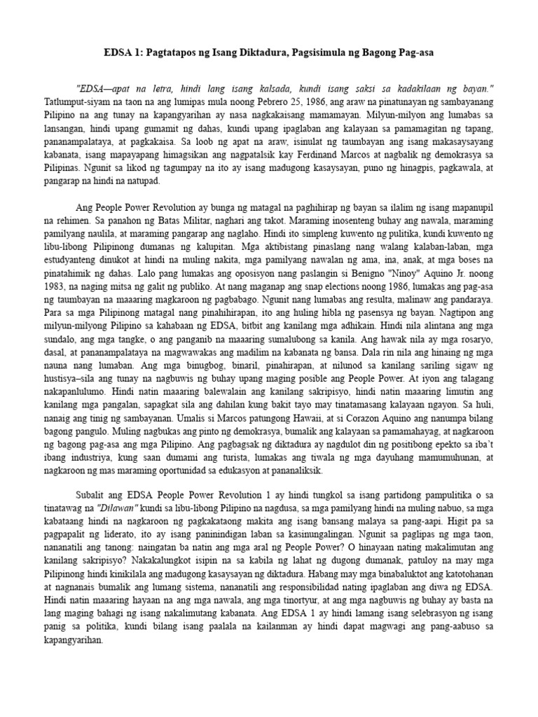 EDSA Revolution Reaction Paper | PDF