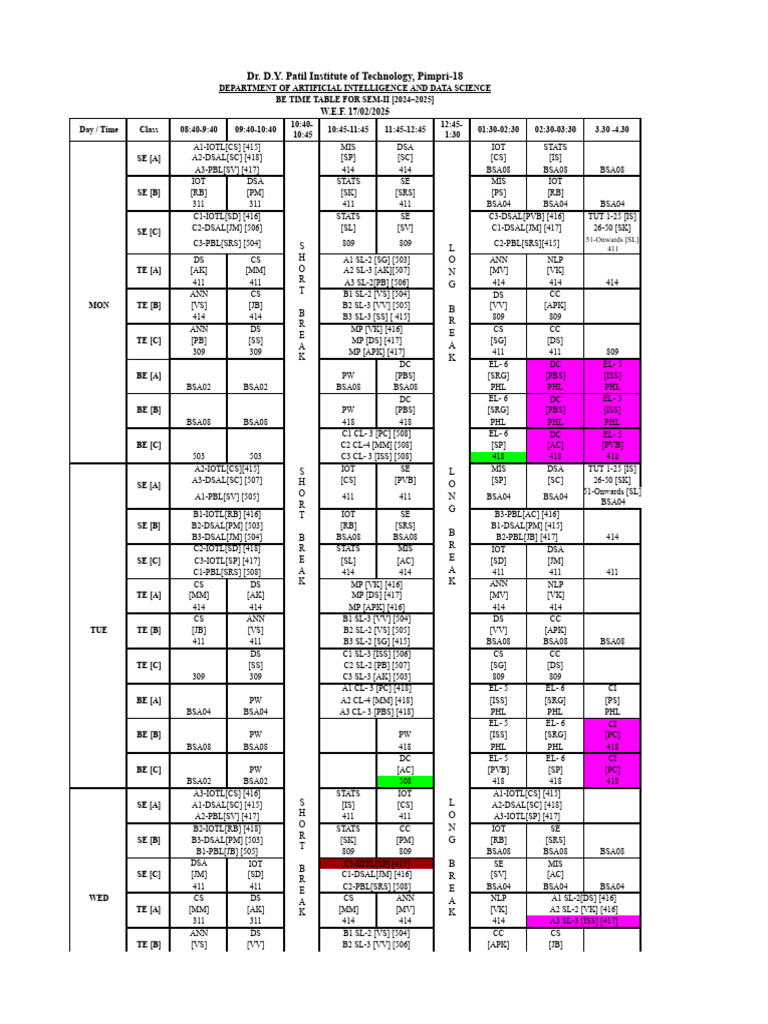 V51 - Master Time Table - Sem-II - 2024-2025 WEF 17 Feb 2025 | PDF