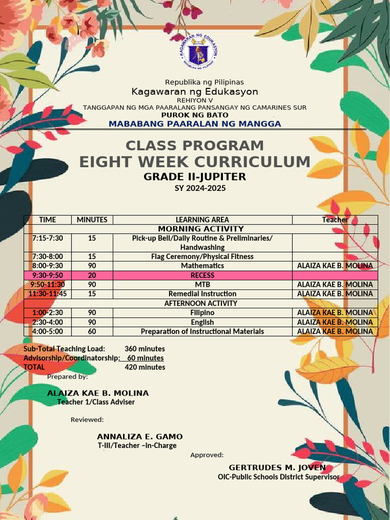 Class Program SY 2024-2025 MULTIGRADE-1 | PDF | Human Communication | Teaching