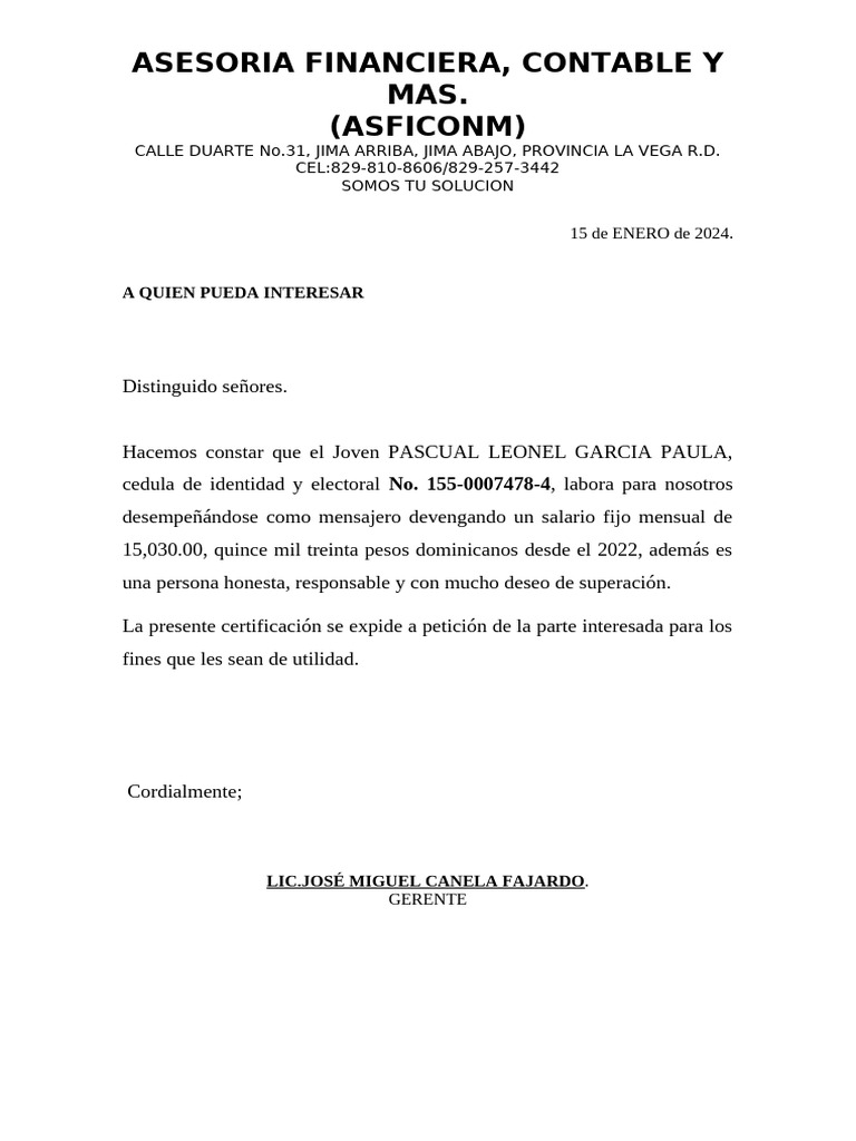 CARTA de Trabajo Leonel | PDF