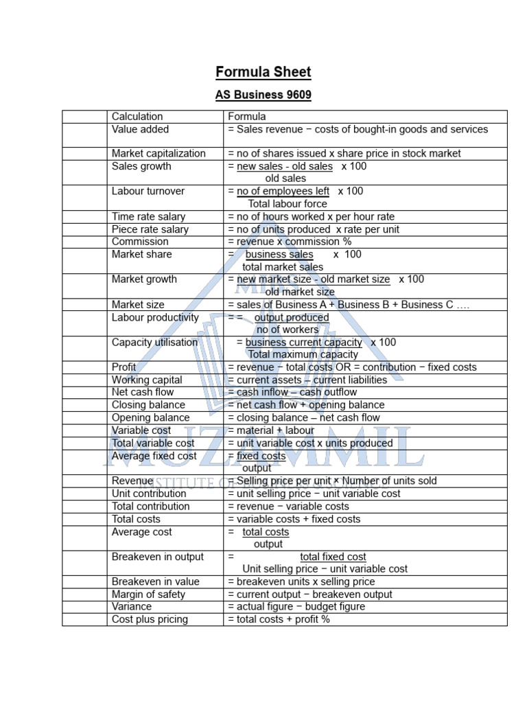 Formula Sheet For As Cambridge 9609 | PDF | Revenue | Investing