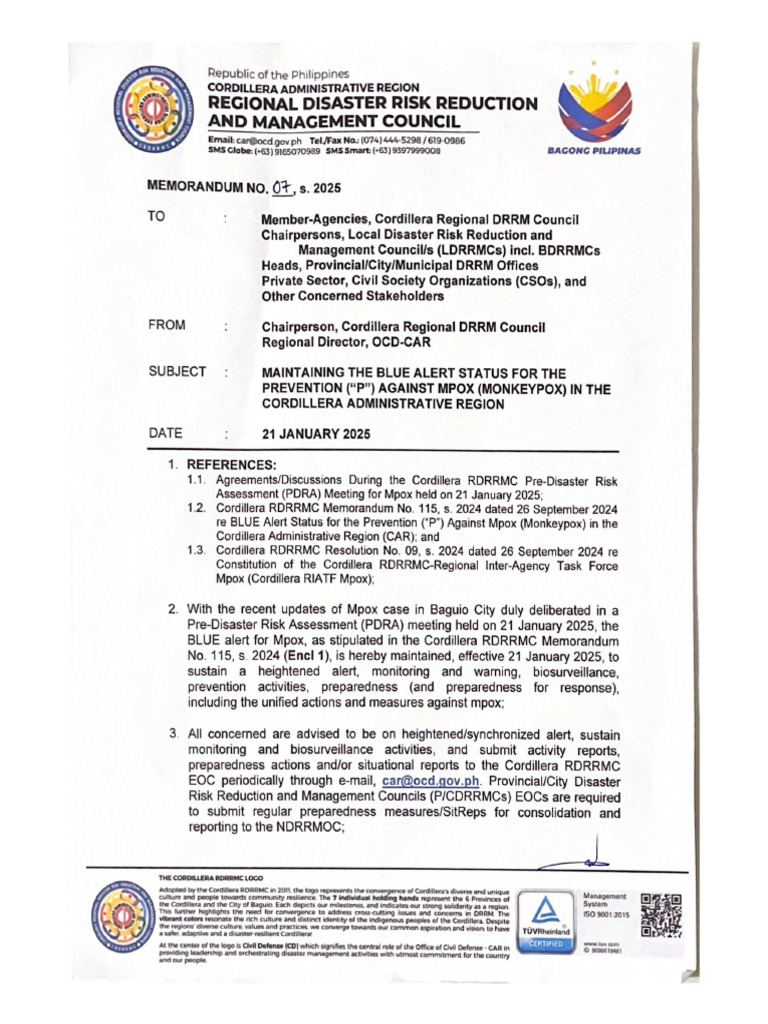 Cordillera RDRRMC Memorandum No. 07 S. 2025 Maintaining The Blue Alert ...