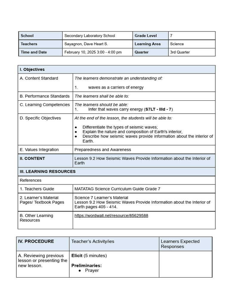 Sayagnon - Lesson Plan - Science 7 | PDF | Seismology | Earthquakes