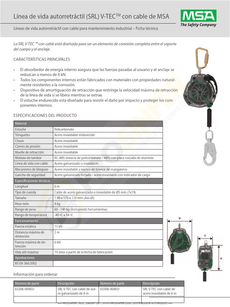 Bloque Retractil V Tec SRL 63206 00a Msa Ficha Tecnica | PDF | Acero ...